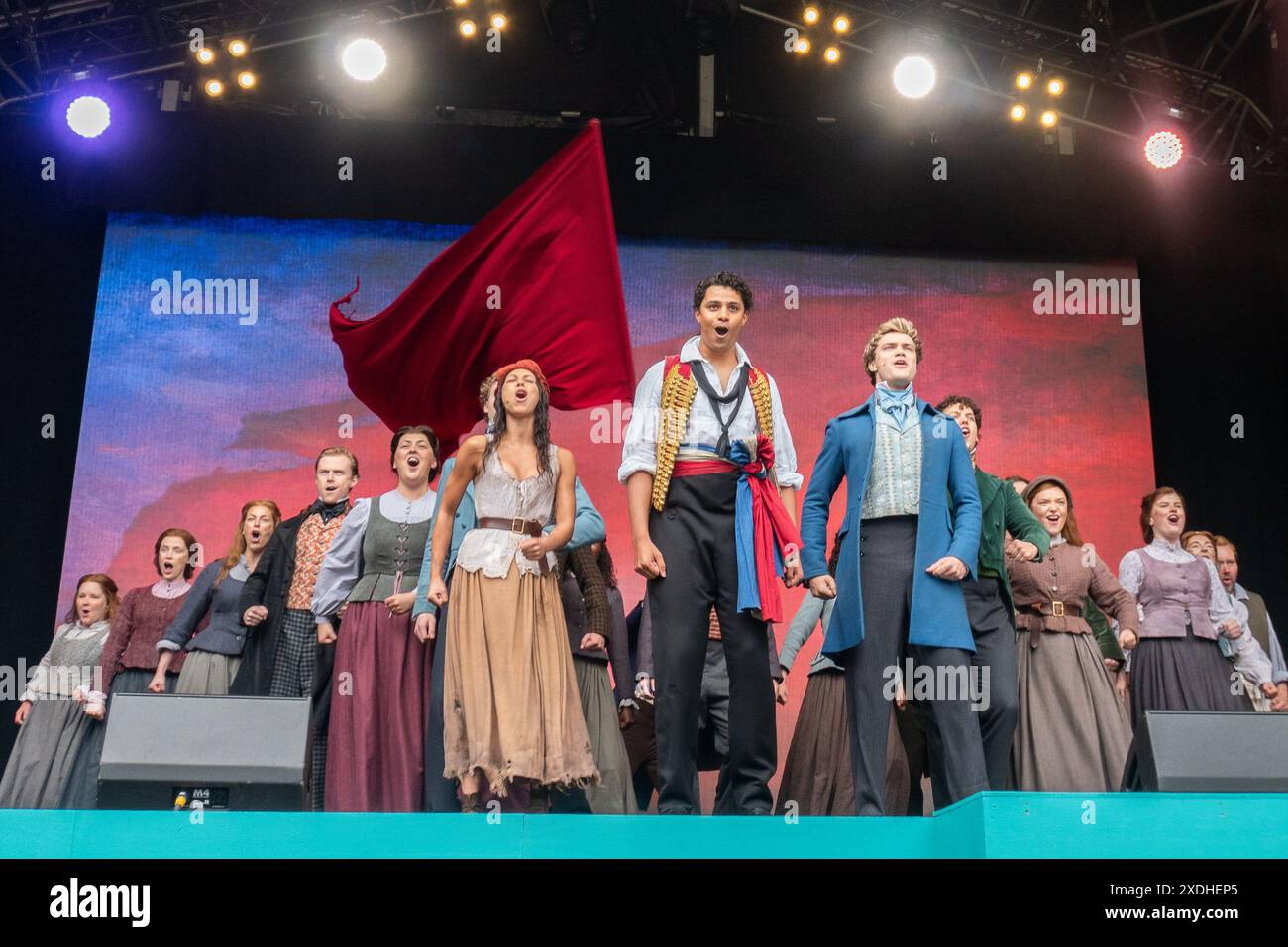 Cast of Les Miserables London in costume performing at West End Live ...