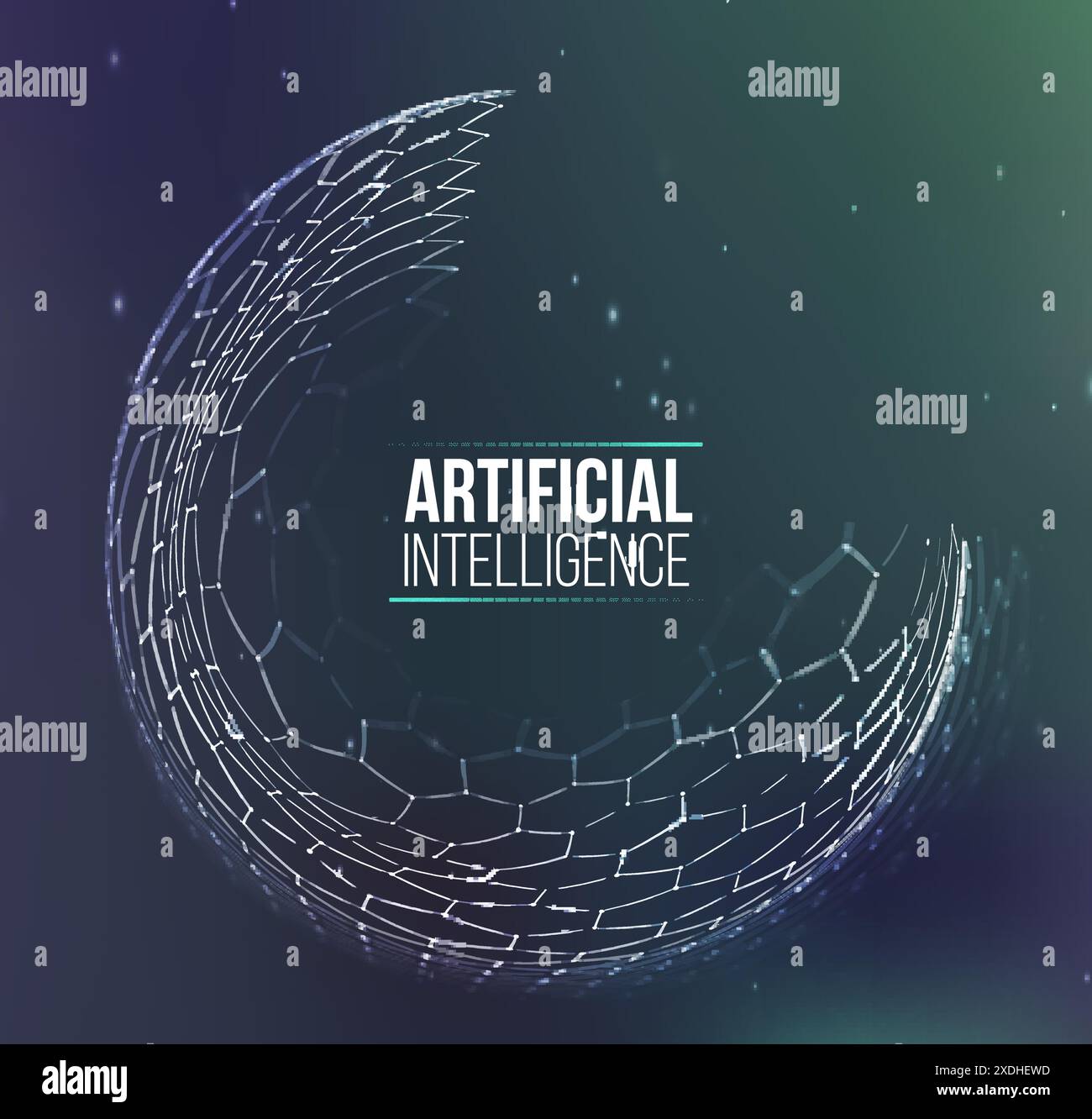 A digital illustration featuring abstract blue neon wireframe patterns ...