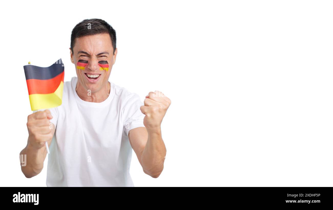 Passionate german supporter screaming and waving a national flag Stock ...
