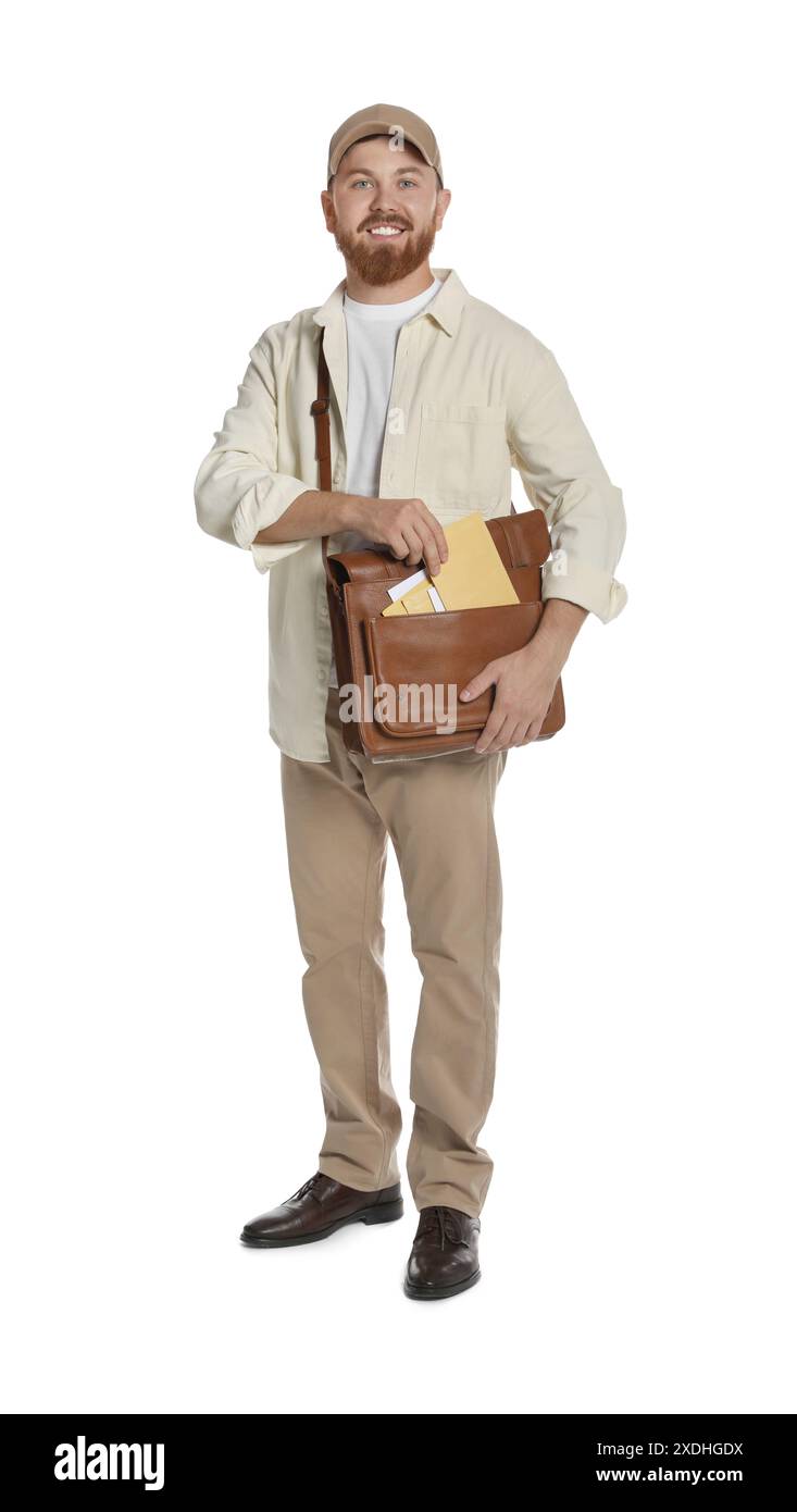 Happy young postman with brown bag delivering letters on white ...