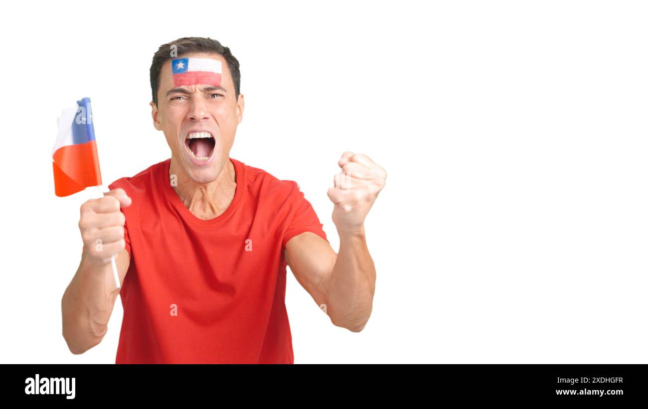 Man cheering for Chile screaming and waving a national flag Stock Photo ...