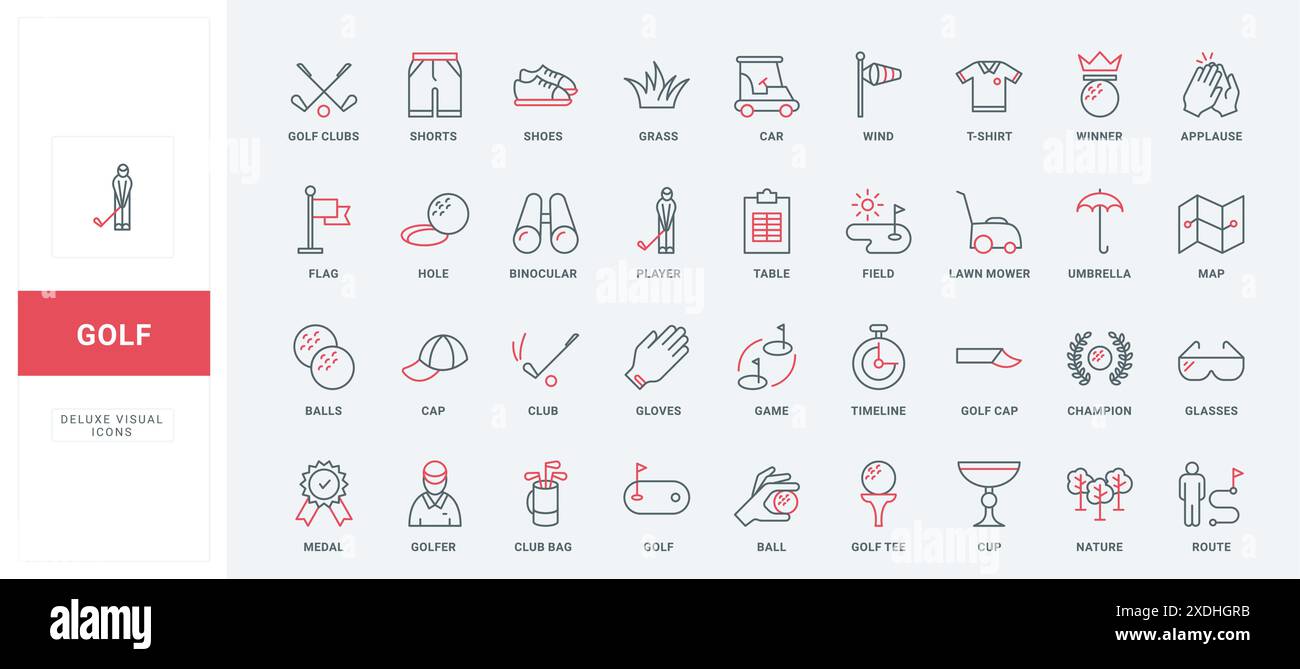 Golf equipment and professional tournament of players line icon set ...