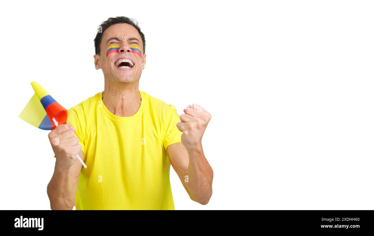 Man cheering for Colombia screaming and waving a national flag Stock ...