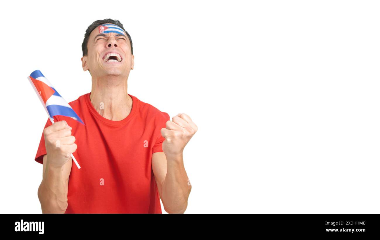 Man cheering for Cuba screaming and waving a national flag Stock Photo ...