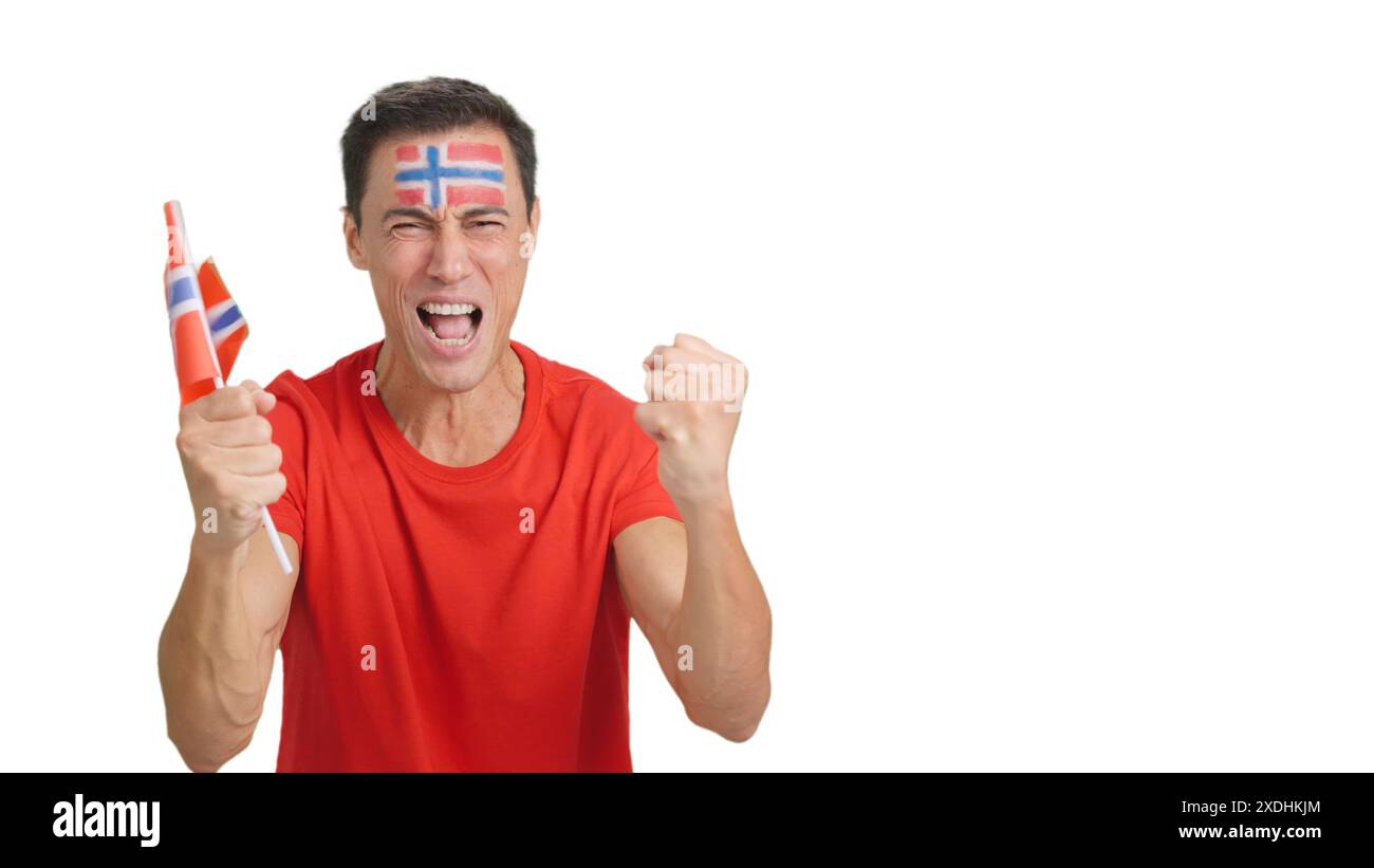 Man cheering for Norway screaming and waving a national flag Stock ...