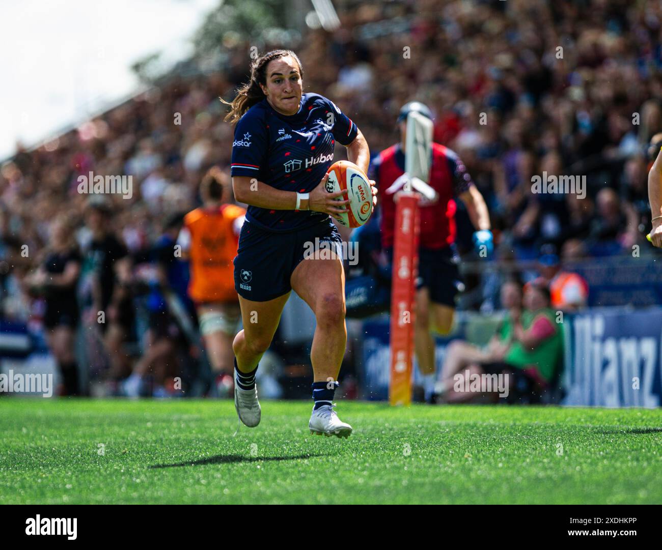 Bristol's Courtney Keight runs down the wing heading to the try line ...