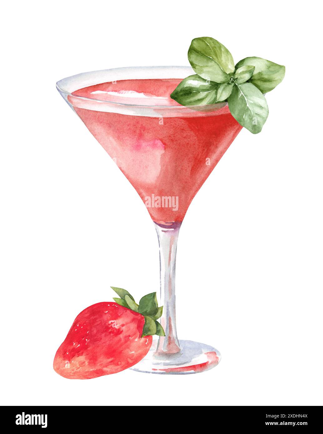 Watercolor strawberry cocktail. Hand drawn illustration of a refreshing ...