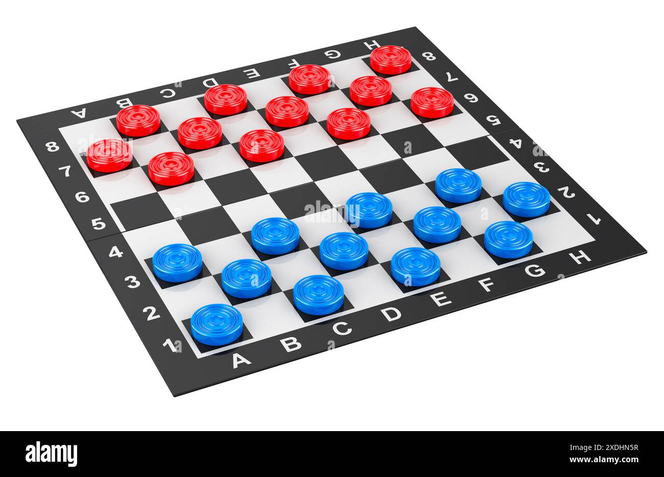 Checkers game board with blue and red pieces, 3D rendering isolated on ...