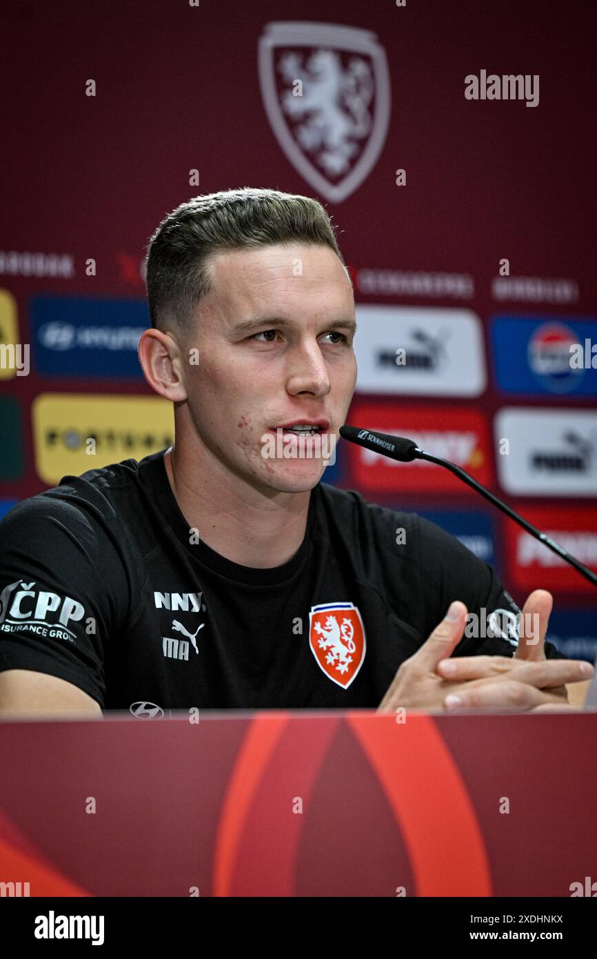 Czech midfielder Lukas Provod speaks during the press conference one ...