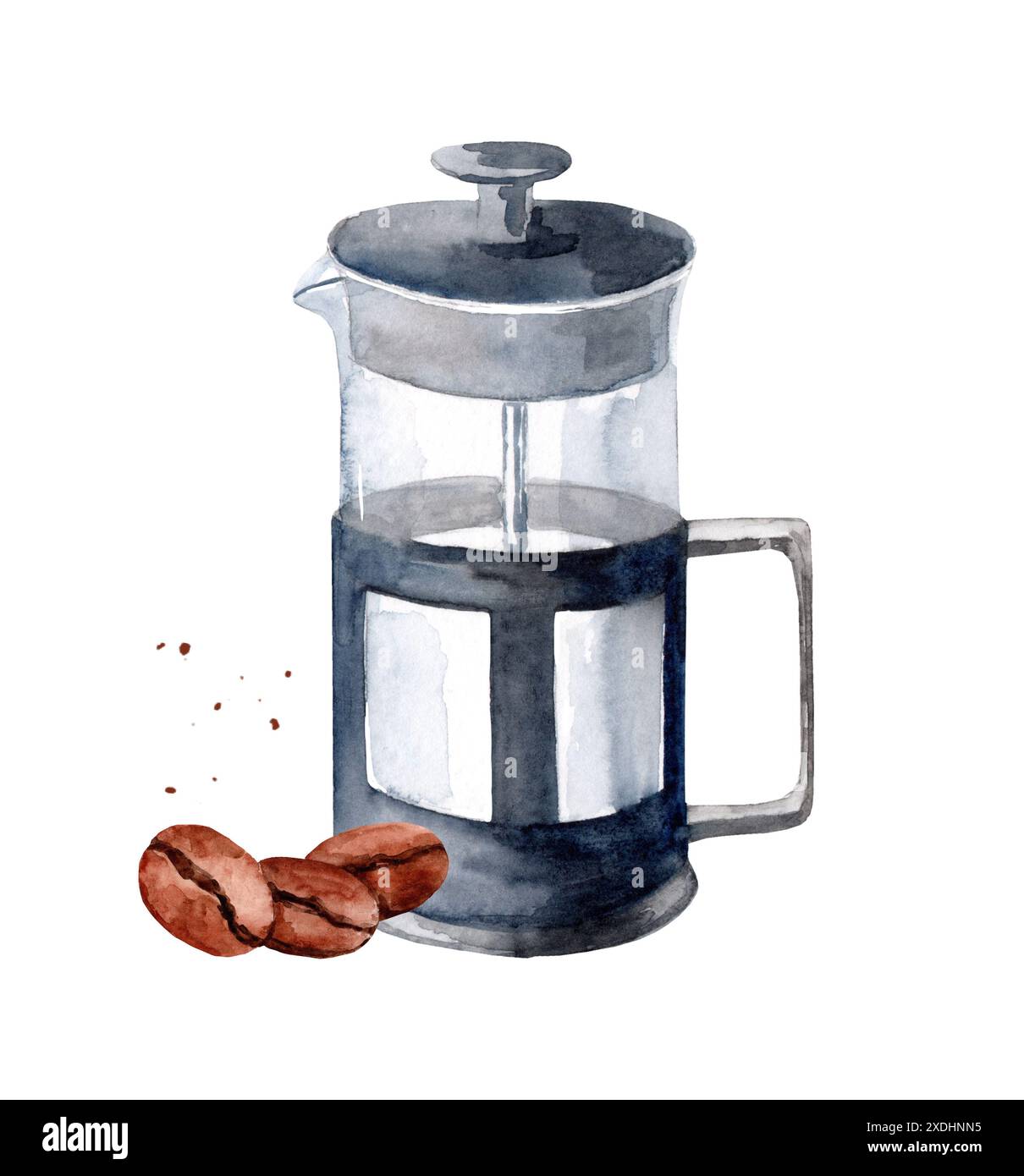 Watercolor hand painted coffee maker on white background. Glass French ...
