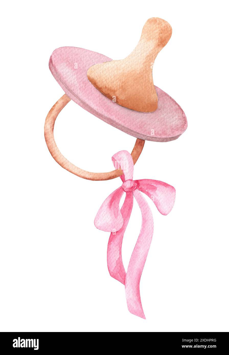 Watercolor pink pacifier for newborn. Children's toys isolated on white ...