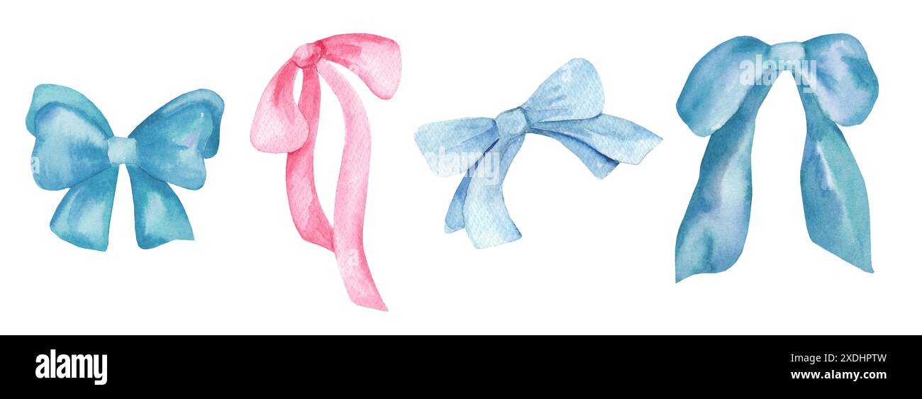 Set of watercolor illustrations of bows. Tender ribbon illustration ...