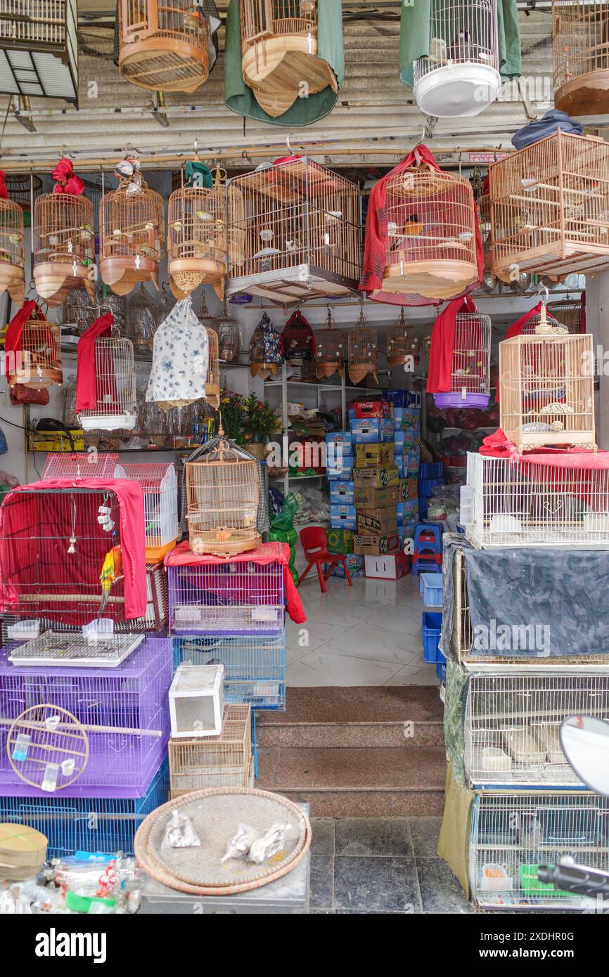 Hanoi, Vietnam - 9 Feb, 2024: A stall selling bird cages in the streets ...