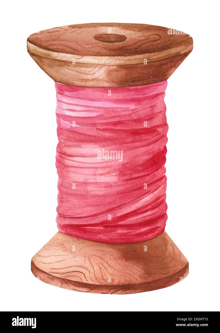 Watercolor illustration of spools of purple thread on a white ...