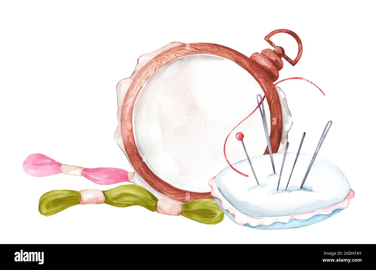 Watercolor composition with sewing accessories. Embroidery and ...
