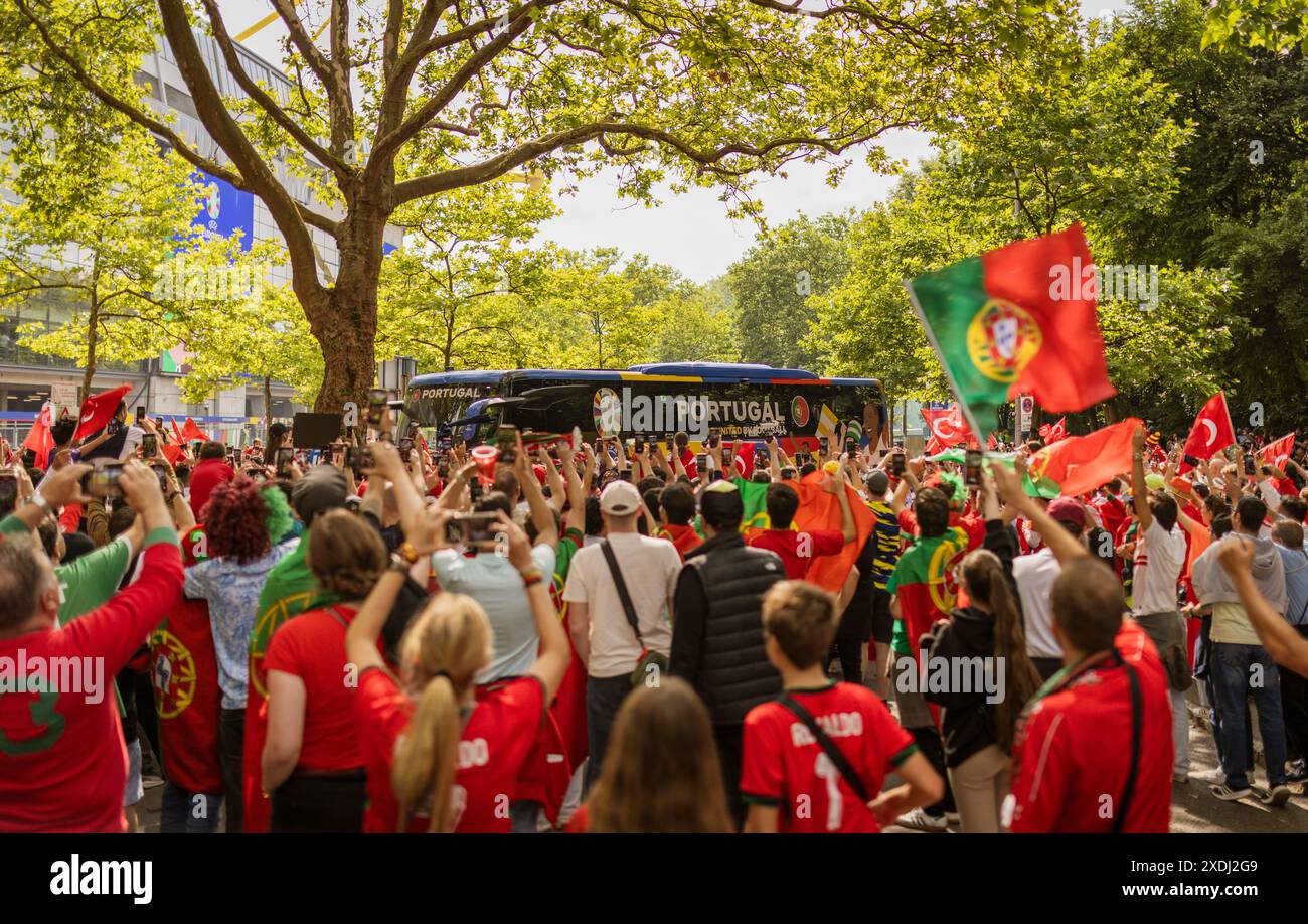 Dortmund, Germany. 22nd Jun 2024. Portuguese fans receive the team bus ...