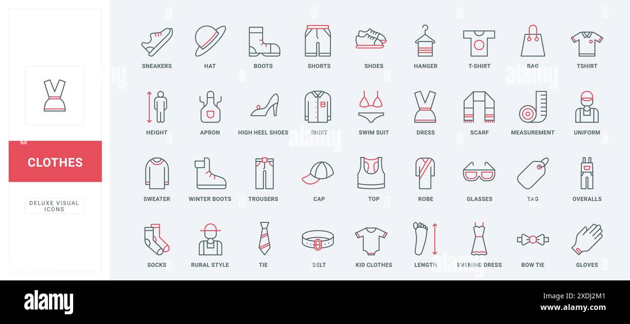 Casual clothes and shoes, fashion for man, woman and child line icons ...