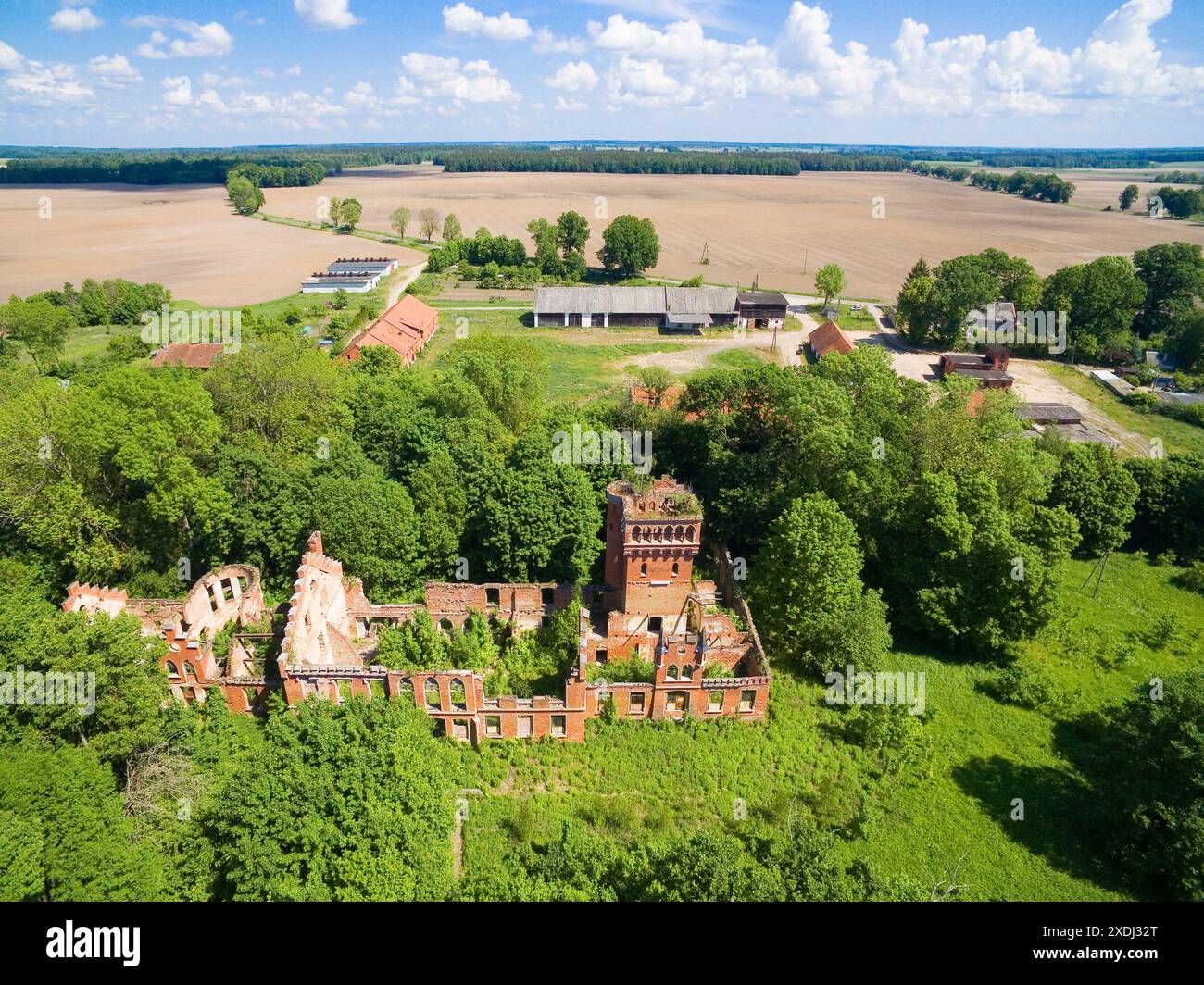 Aerial view of ruins of the von Eulenburg family palace in Prosna ...