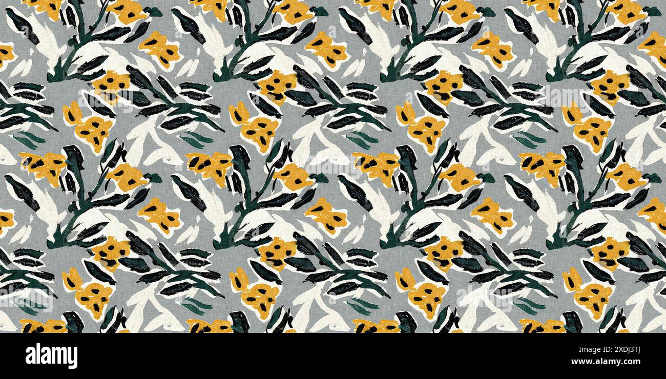 Modern printed fabric flower block print pattern with linen texture ...