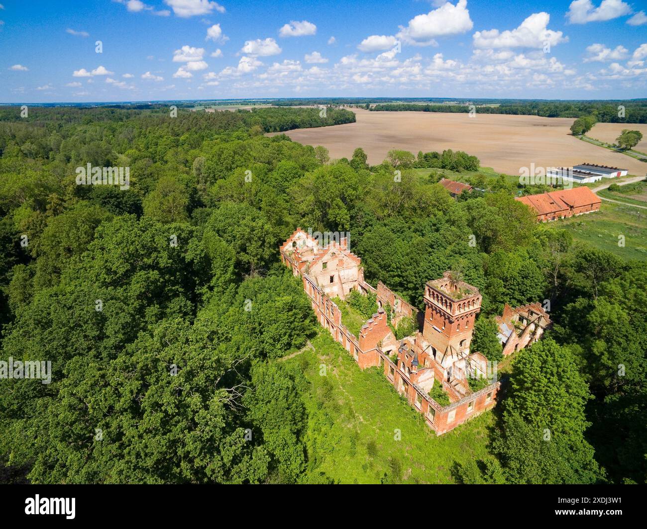 Aerial view of ruins of the von Eulenburg family palace in Prosna ...