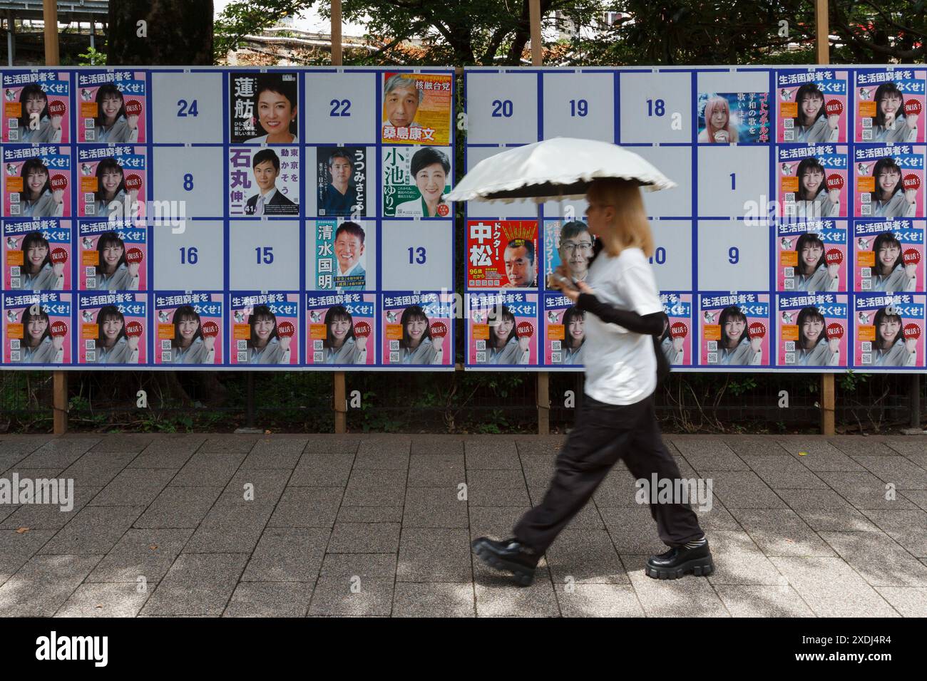 Tokyo, Japan. 22nd June, 2024. A woman walks past an election candidate ...