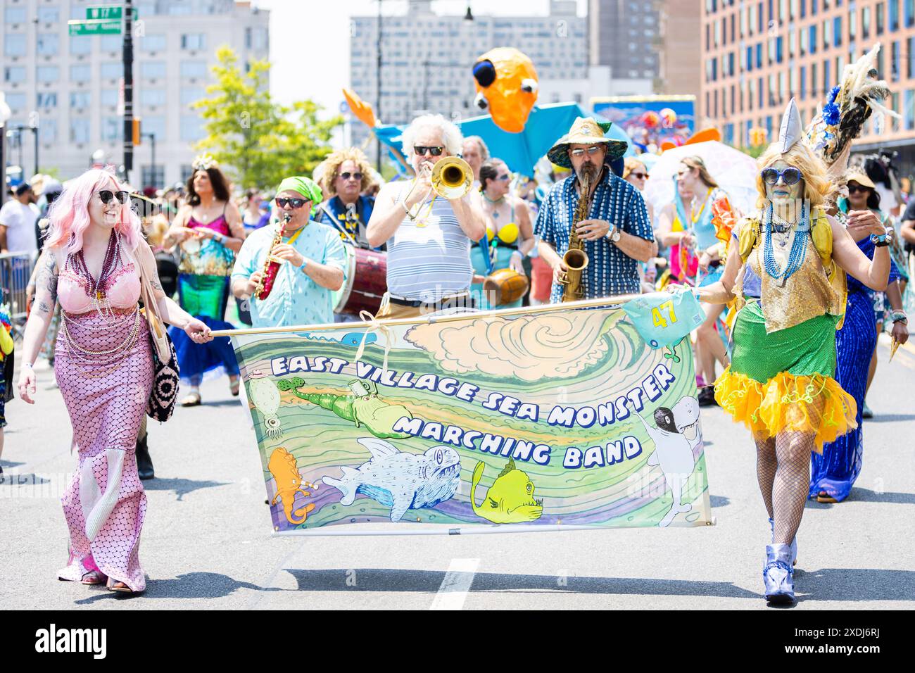 Members of the East Village Sea Monster Marching Band perform in the ...