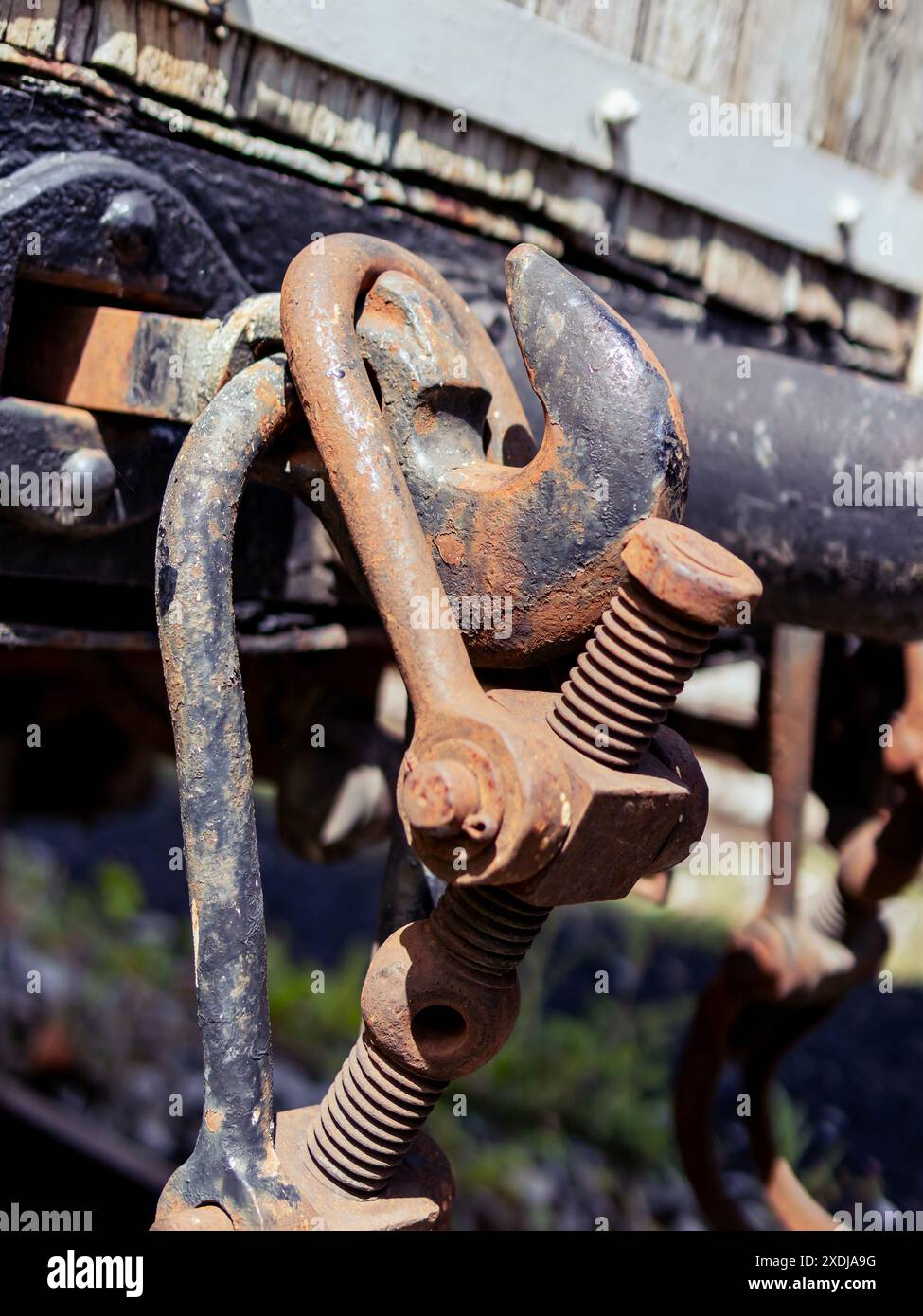 Car coupling between two old carriages of a French freight train, no ...