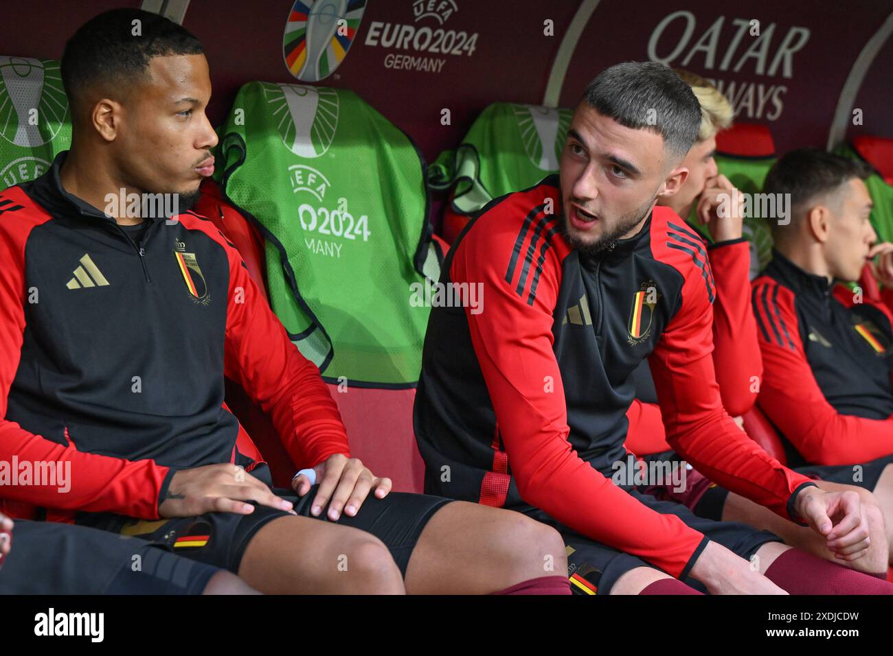 Aster Vranckx (16) of Belgium and Zeno Debast (2) of Belgium pictured during a soccer game ...