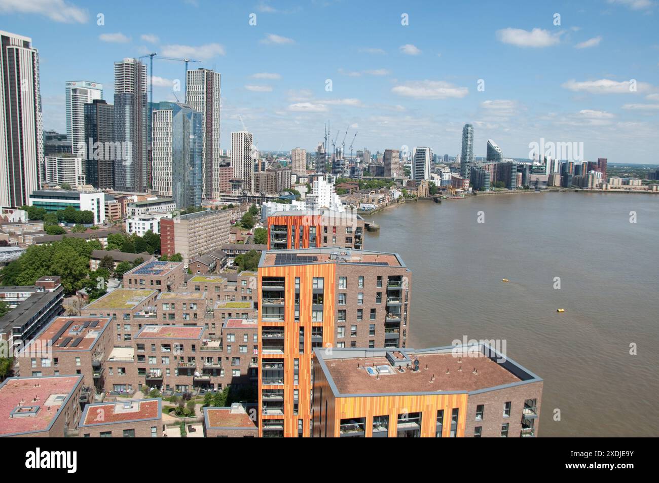 Buildings along the River Thames, Tower Hamlets, London, UK; modern ...
