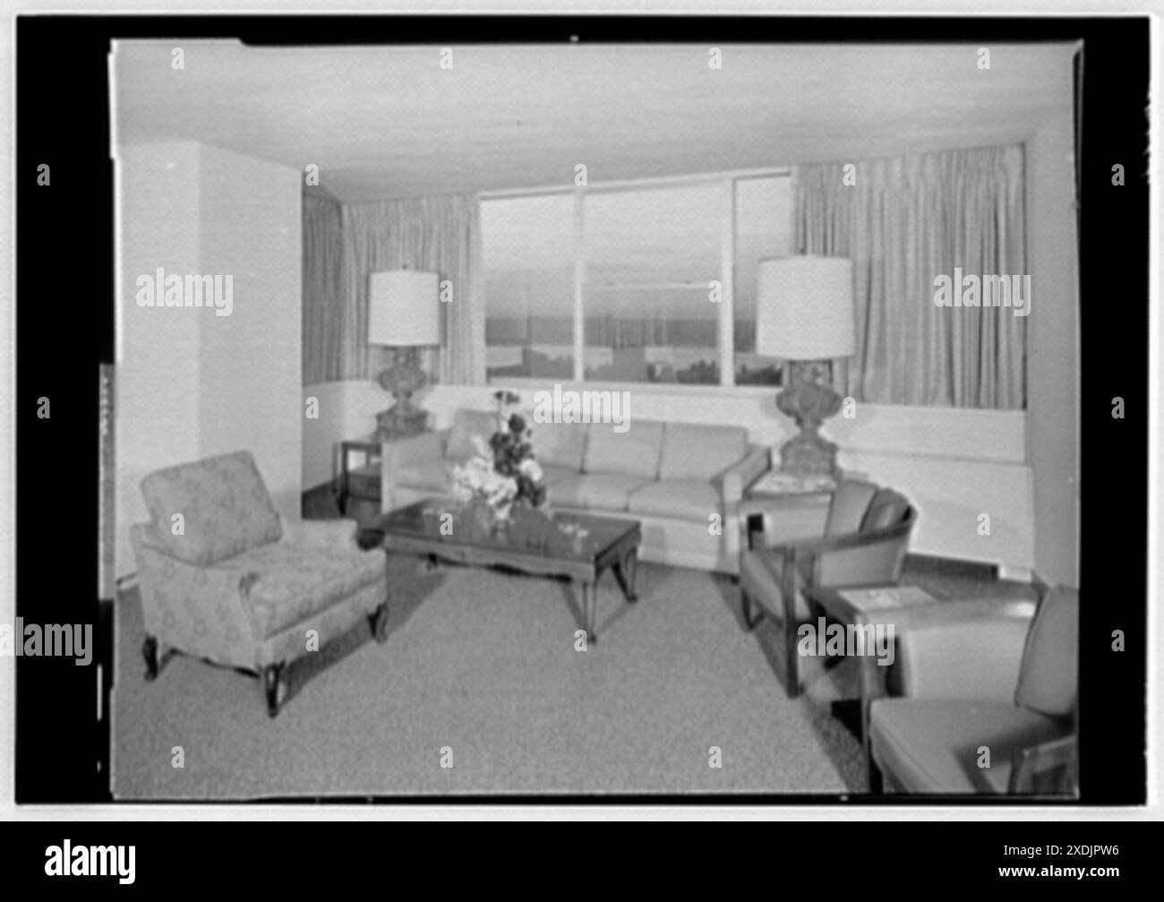 Americana Hotel. Suite 5002, living room, sofa group, day view through ...