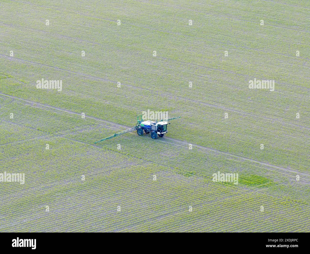Tractor rigged for crop spraying in the middle of a large field of ...