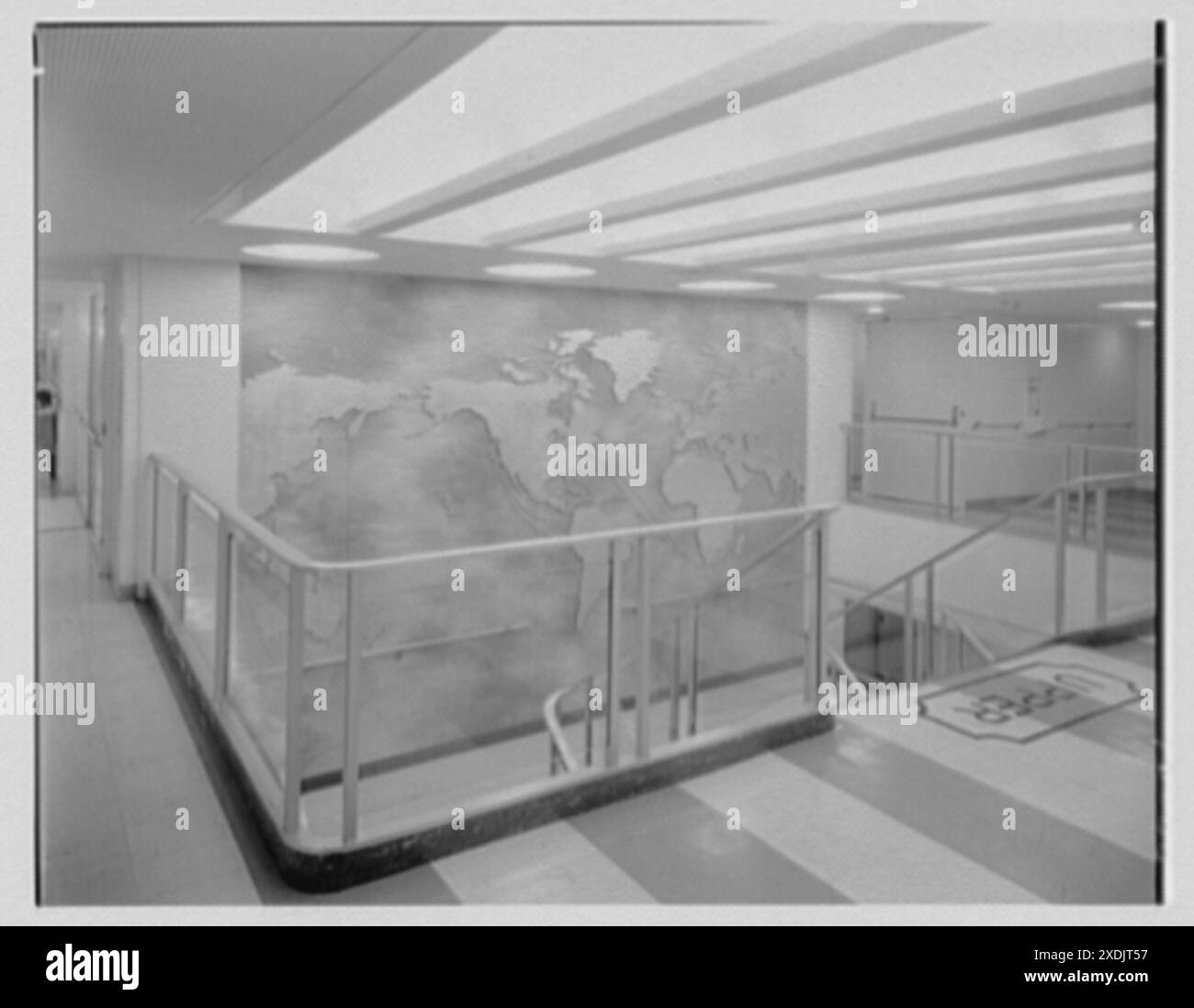Steamship Brasil, Moore McCormack Line. Map on staircase. Gottscho ...