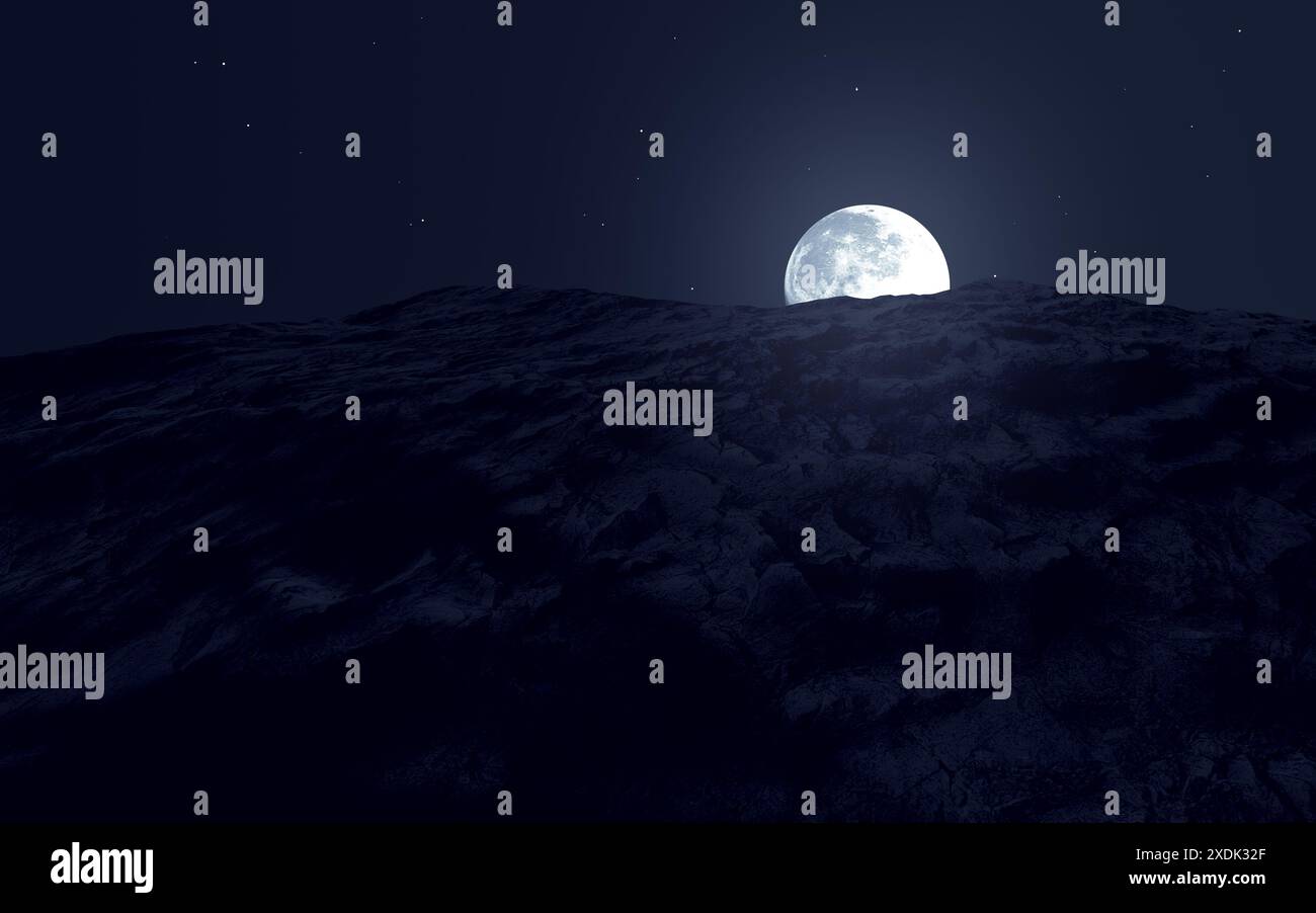 Abstract rocky landscape with full moon. Night time moon rise in the ...