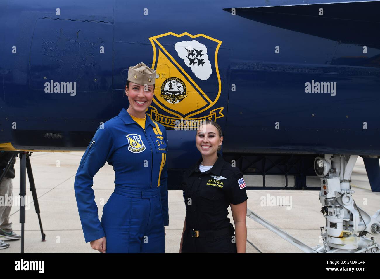 Lt. Commander Amanda Lee and AL2 Phibbs next to Blue Angel 3 F/A-18 ...