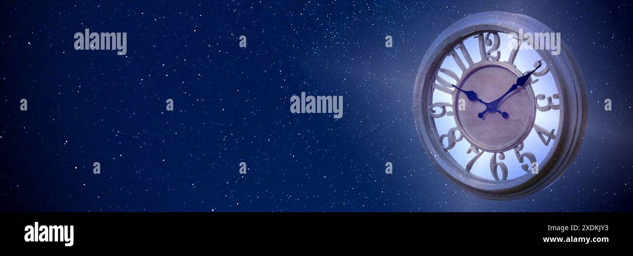 Clock and night starry sky, double exposure. Time concept. Banner ...