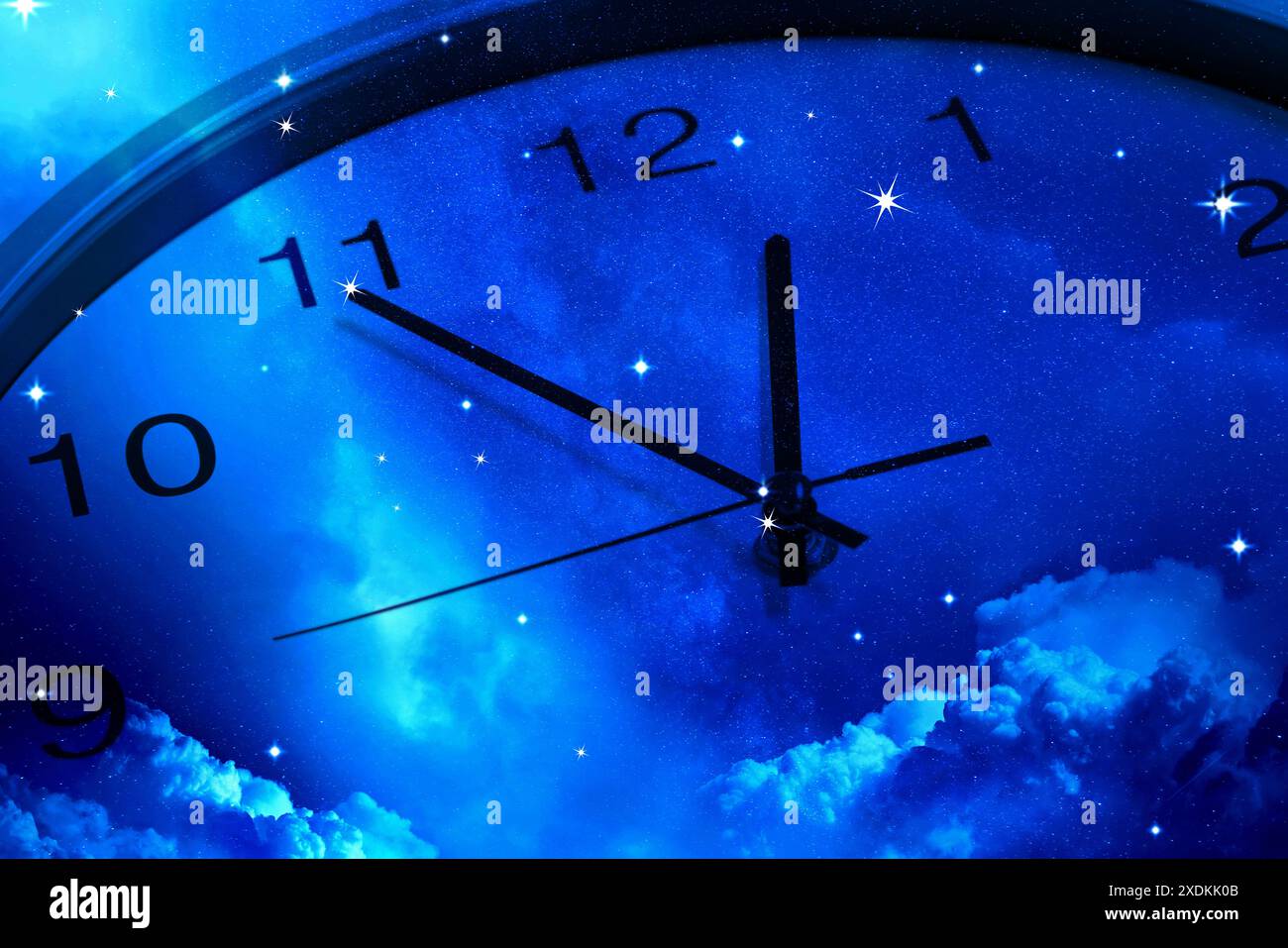 Clock and night starry sky, double exposure. Time concept Stock Photo ...