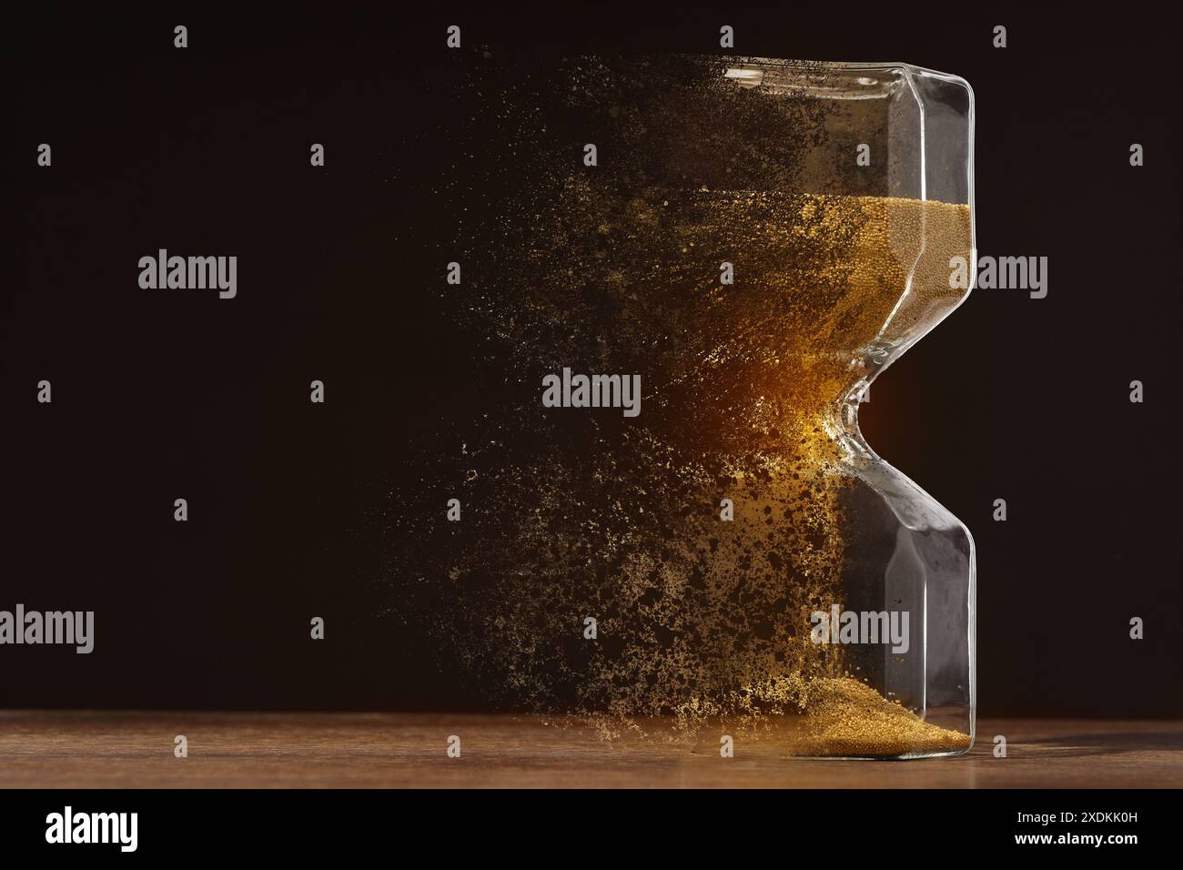 Hourglass dissolving on table against black background. Fleeting time ... Hourglass dissolving on table against black background. Fleeting time ...