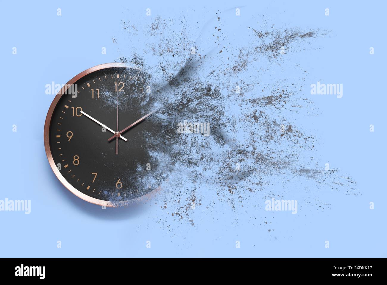 Analog clock dissolving on light blue background. Time is running out ...