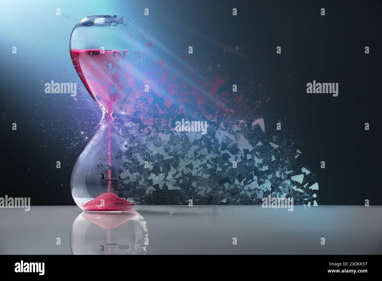 Hourglass dissolving on table against dark background. Fleeting time ... Hourglass dissolving on table against dark background. Fleeting time ...
