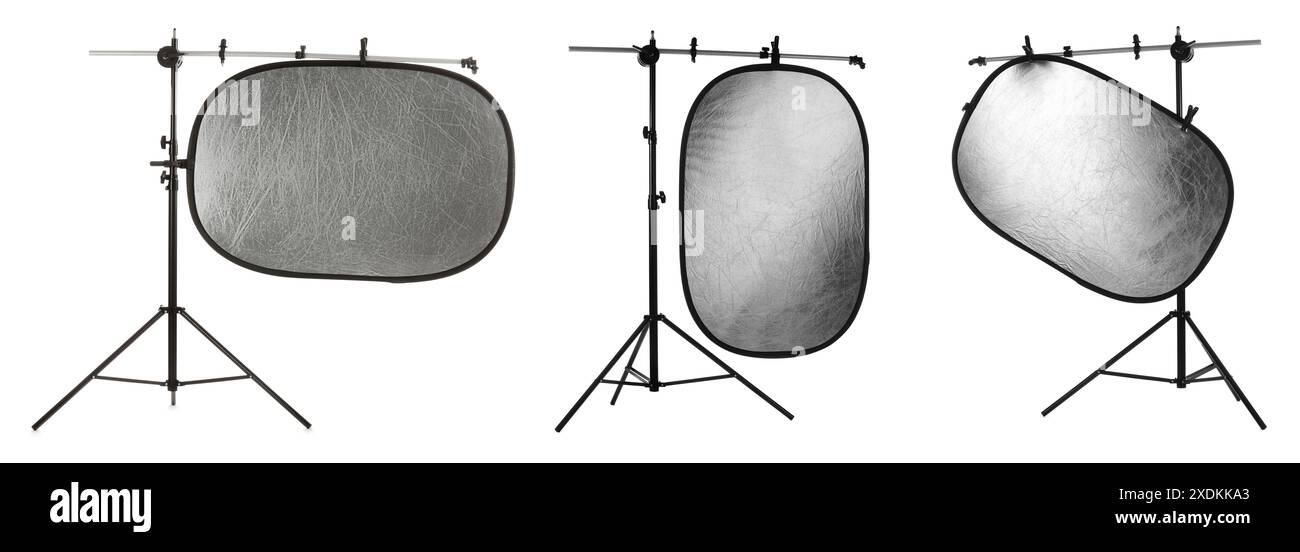 Professional reflectors isolated on white, set. Photo studio equipment ...