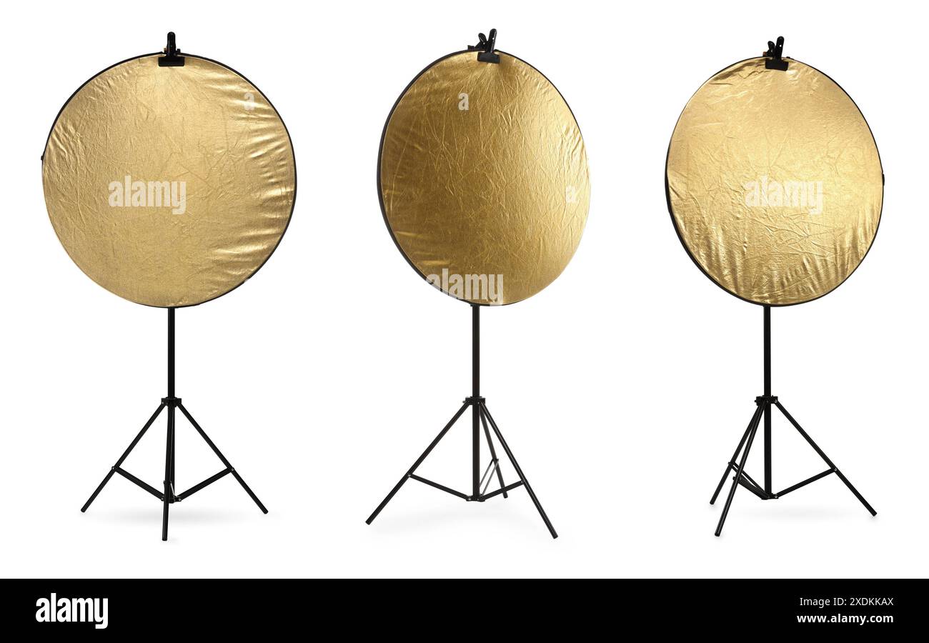 Professional reflectors isolated on white, set. Photo studio equipment ...