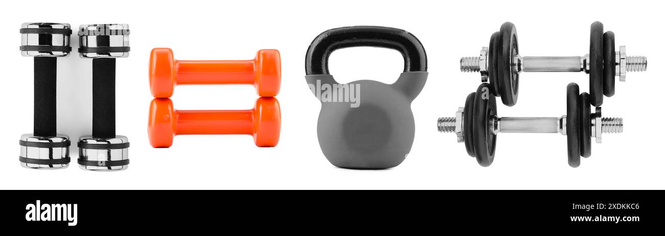Weight lifting gear isolated on white, set. Sport equipment Stock Photo ...