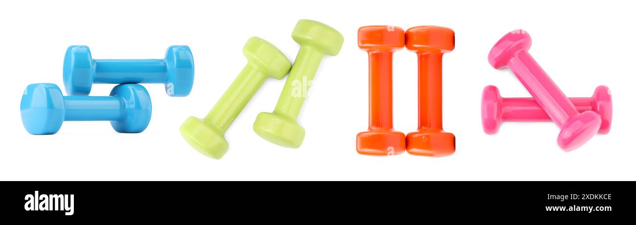 Dumbbells colorful white background Cut Out Stock Images & Pictures - Alamy