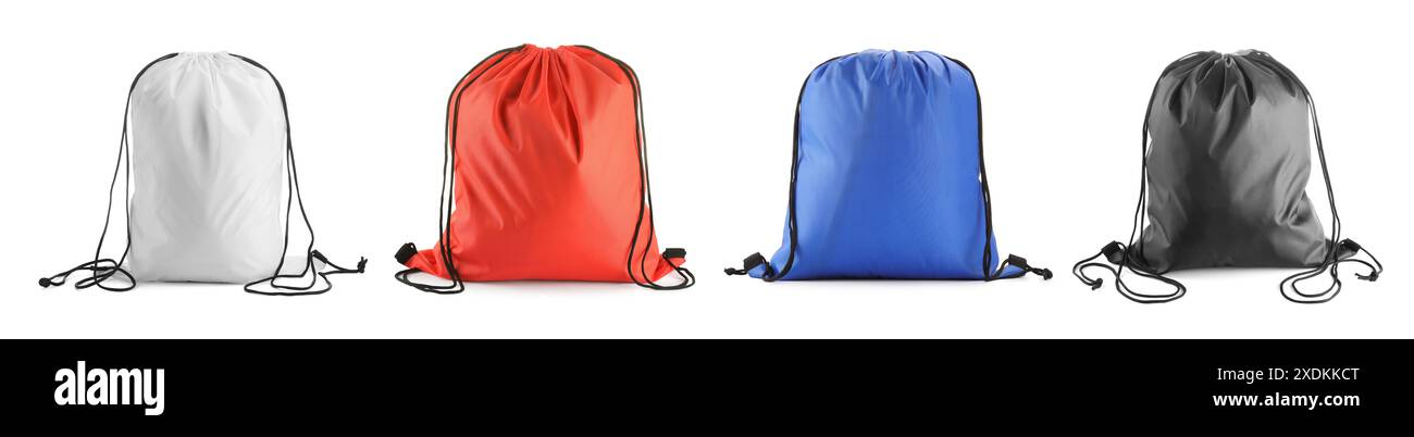 Sports drawstring bags in different colors isolated on white, set Stock ...