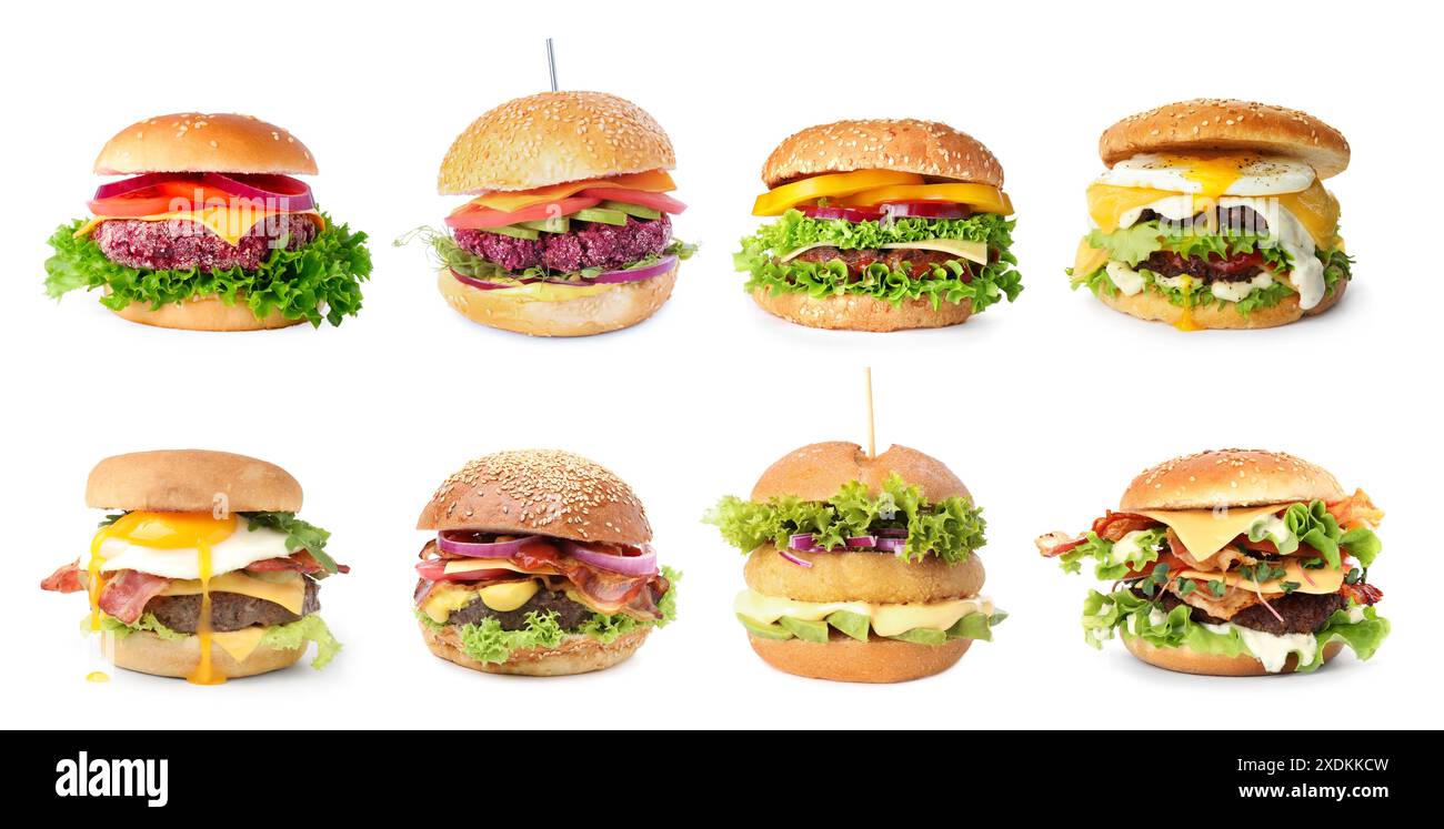 Different delicious burgers isolated on white, set Stock Photo - Alamy