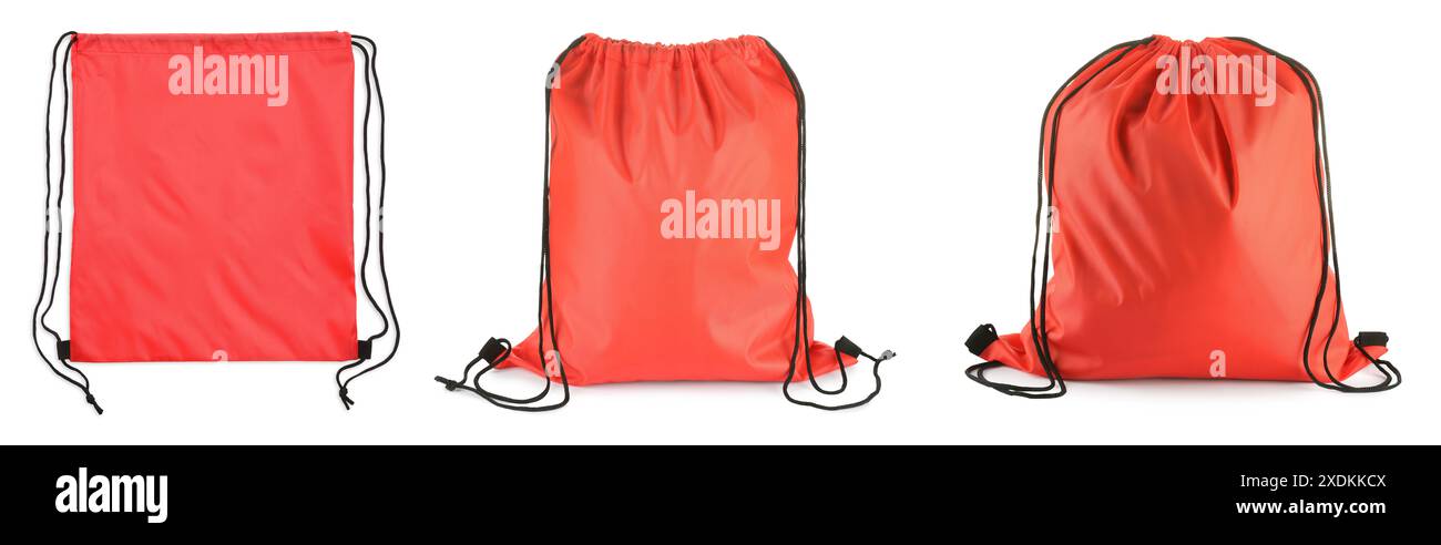 Red drawstring sports bags isolated on white, set Stock Photo - Alamy
