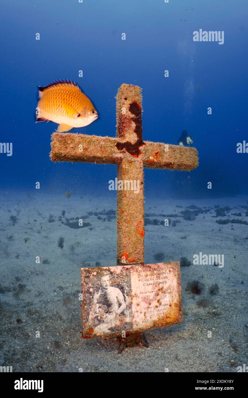 A cross erected on the seabed in memory of a diver who died in an ...