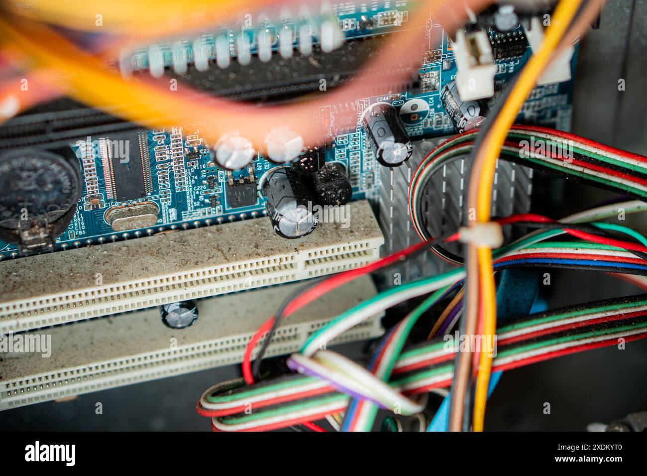 Close-up view of computer motherboard with various electronic ...