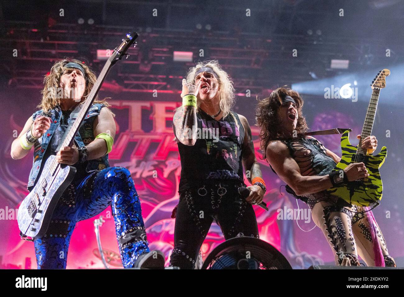 Copenhagen, Denmark - 19.6.2024: Spyder (bassist), Michael Starr (singer) and Satchel (guitarist ...