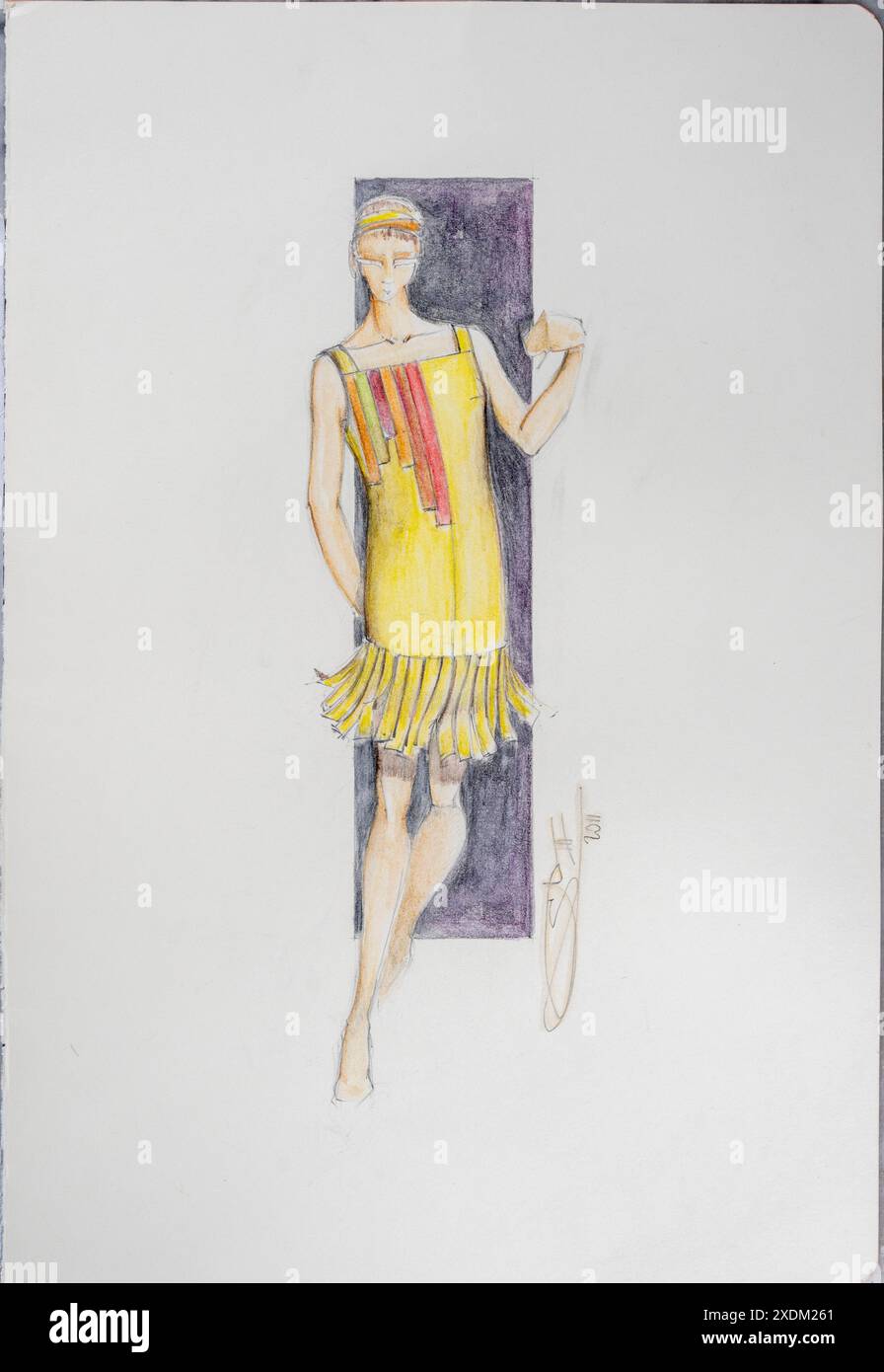 Dance, ballet, theatre costume, pencil drawing, sketch, mixed media ...